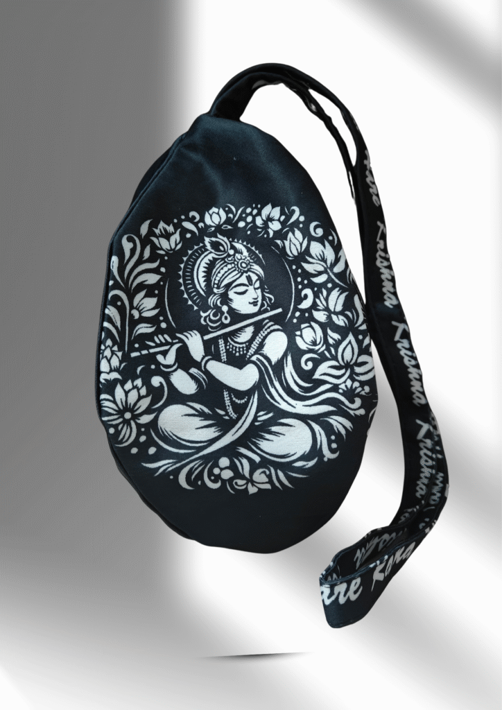 Krishna Flute Black Japa Bag | Vrindavan Devotional Bead Bag